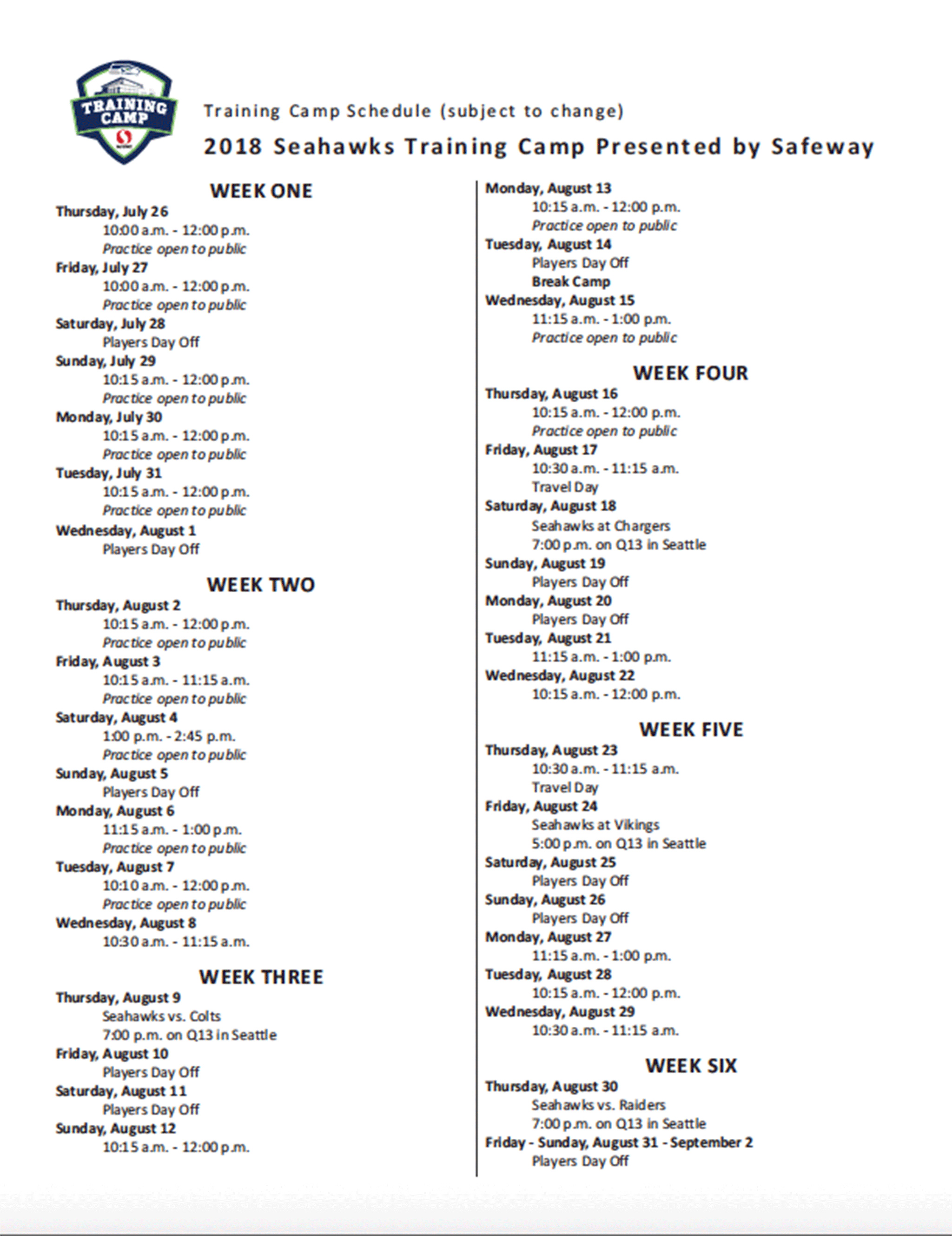 The 2018 Seahawks training camp schedule is here | Renton Reporter