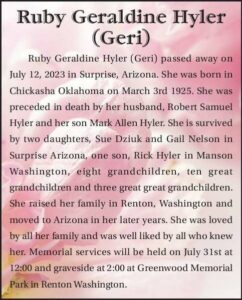 Ruby Geraldine Hyler (Geri) | Obituary | Renton Reporter