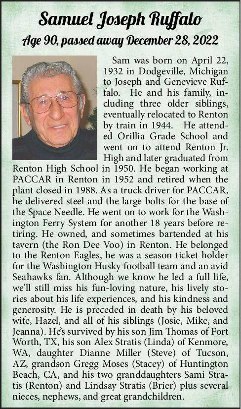 Samuel Joseph Ruffalo | Obituary | Renton Reporter
