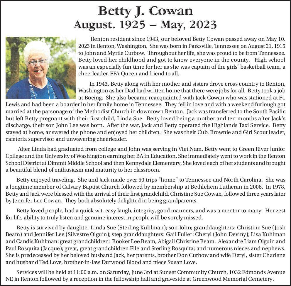 Betty J. Cowan | Obituary | Renton Reporter